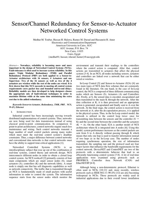 PDF Sensor Channel Redundancy For Sensor To Actuator Networked Control Systems