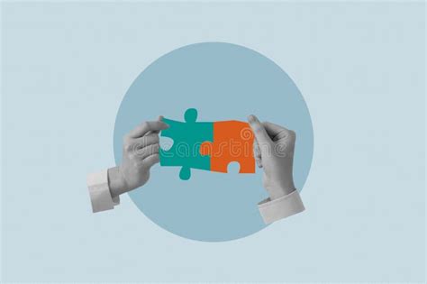 Contemporary Art Collage Two Hands Connecting Puzzles Symbolizing Teamwok And Collaboration