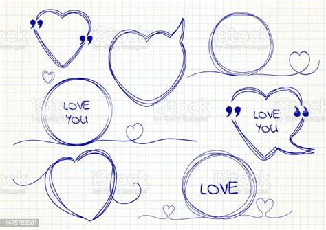 오래된 노트북 페이지에 손으로 그린 스타일로 낙서된 만화 하트 모양의 연설 거품의 벡터 컬렉션 견적을 위한 공간을 복사합니다 텍스트에 대한 템플릿 집합입니다 개체 그룹에
