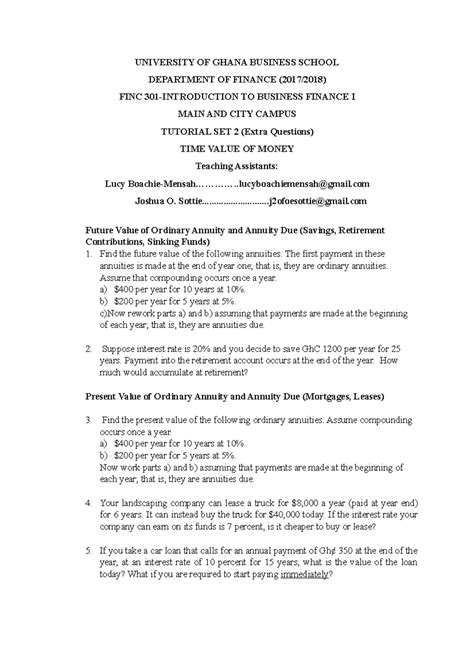 FINC Tutorial Set Extra Questions UNIVERSITY OF GHANA BUSINESS Babe DEPARTMENT OF