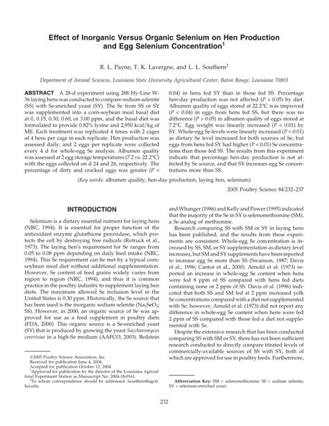 Pdf Effect Of Inorganic Versus Organic Selenium On Hen Production And