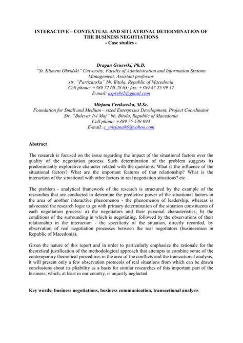 Pdf Interactive Contextual And Situational Determination Of The Business Negotiations Case