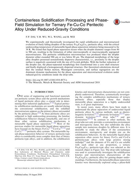 Pdf Containerless Solidification Processing And Phase Field Simulation For Ternary Fe Cu Co