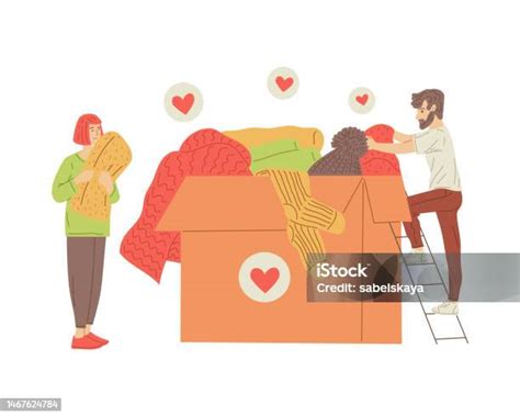 수염 난 남자와 웃는 여자는 거대한 판지 상자에 옷을 넣고 플랫 스타일 자선기부에 대한 스톡 벡터 아트 및 기타 이미지 자선기부 자선 및 구제 사업 기부함 Istock