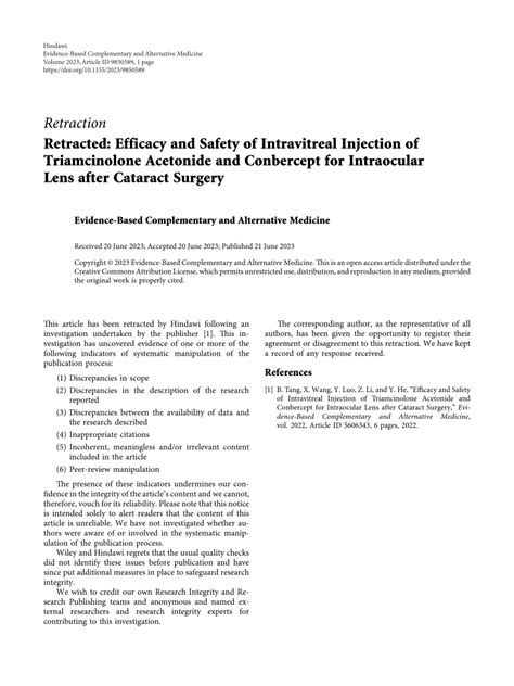 Pdf Retracted Efficacy And Safety Of Intravitreal Injection Of Triamcinolone Acetonide And
