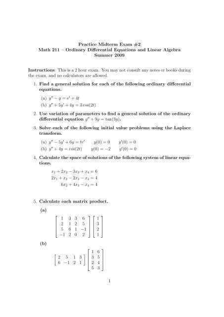 Practice Midterm Exam 2 Math 211 â Ordinary Differential