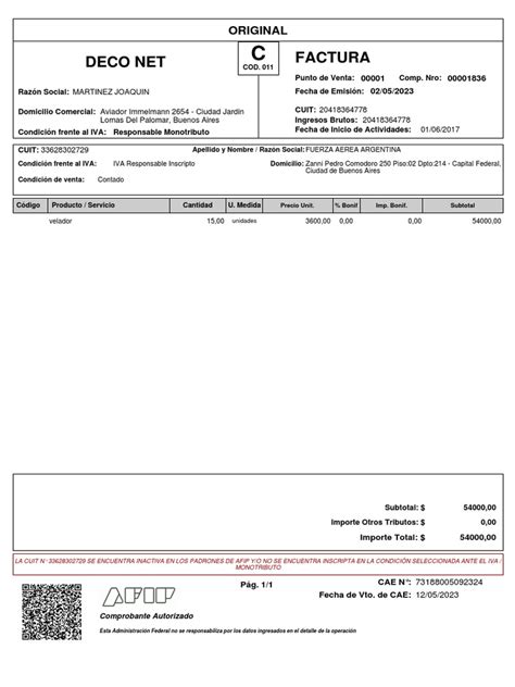 Ejemplo 3 Factura Monotributo Pdf