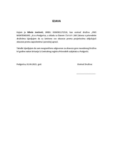 Izjava Dobrovoljna Likvidacija Blanko Pdf