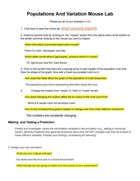 Copy Of Populations And Variation Lab Populations And Variation Mouse Lab Please Put All Of