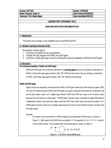 Laboratory Experiment 03 Nand And Nor Implementation 1 Pdf Logic