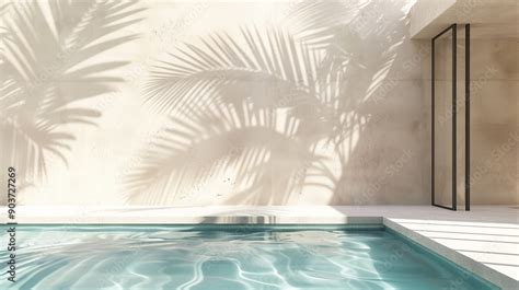 Palm Tree Shadows Projected On Concrete Wall Of Indoor Swimming Pool Of
