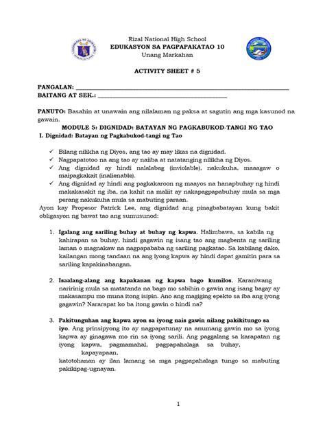 Esp 10 Activity Sheet 5 1st Qtr Pdf