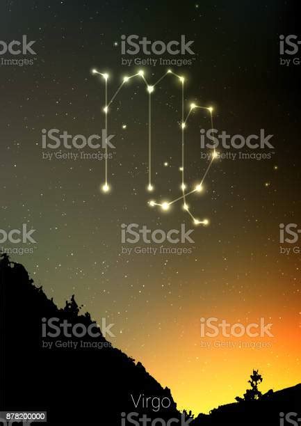 처녀자리 조디악 별자리 갤럭시와 뒤에 공간 아름 다운 밤하늘에 숲 풍경 실루엣으로 서명합니다 깊은 우주 배경에 처녀자리 별자리 기호 별자리입니다 카드 디자인 가로수에 대한