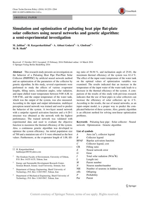 Simulation And Optimization Of Pulsating Heat Pipe Flat Plate Solar Collectors Using Neural