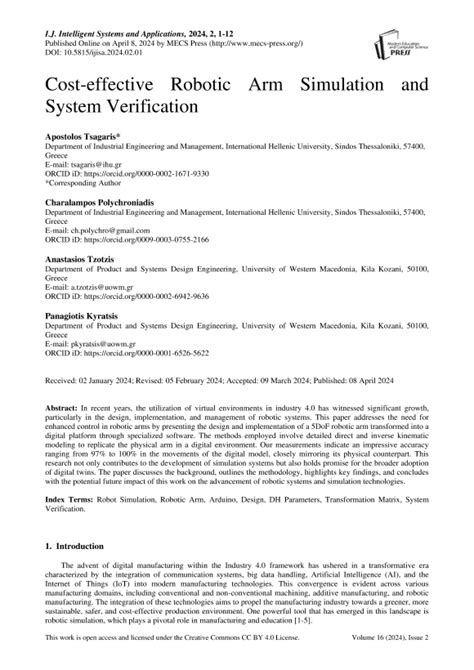 cost effective robotic arm simulation and system verification ijisa