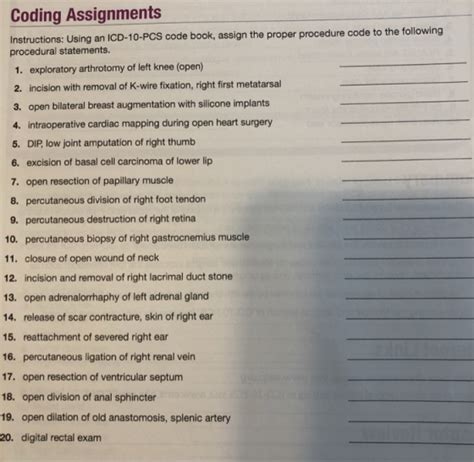Coding Assignments Instructions Using An Icd 10 Pcs Code Book Assign
