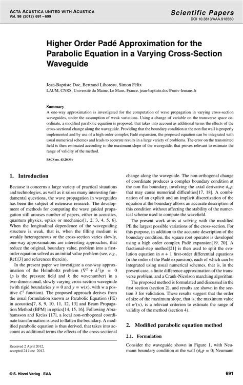Pdf Higher Order Pade Approximation For The Parabolic Equation In A Varying Cross Section