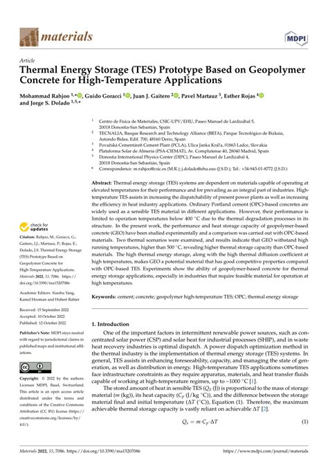 Pdf Thermal Energy Storage Tes Prototype Based On Geopolymer Concrete For High Temperature