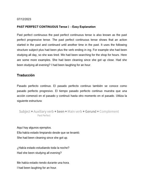 Past Perfect Continuous Tense Easy Explanation Pdf