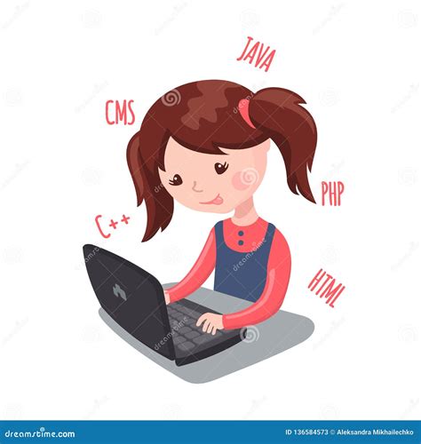 Smiling Girl Sitting At Laptop And Learning Coding Stock Vector