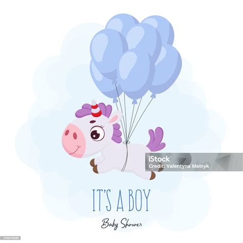 풍선에 비행 귀여운 마법의 유니콘 베이비 샤워 인사말 카드 그것은 소년입니다라는 문구와 재미 마법 유니콘 만화 캐릭터 밝은 색상의 유치한 스톡 벡터 일러스트레이션 0명에