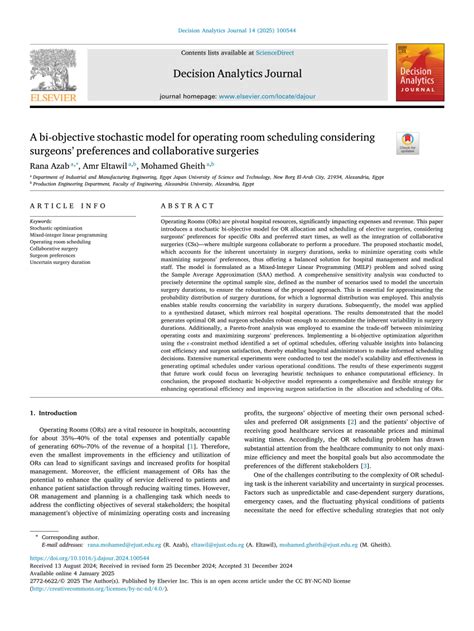 Pdf A Bi Objective Stochastic Model For Operating Room Scheduling Considering Surgeons