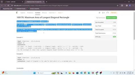 100170 Maximum Area Of Longest Diagonal Rectangle Leetcode