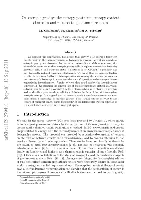 Pdf On Entropic Gravity The Entropy Postulate Entropy Content Of Screens And Relation To