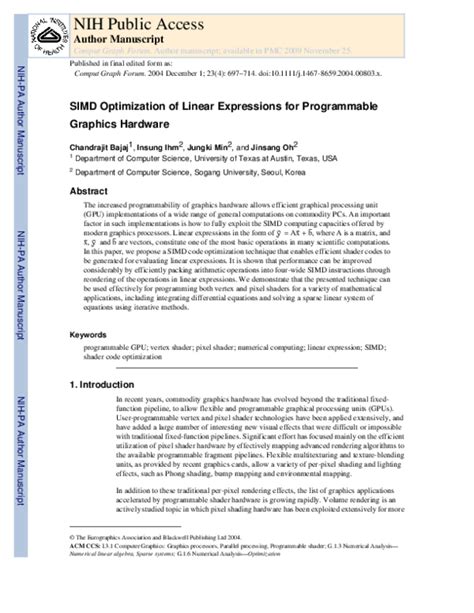 Pdf Simd Optimization Of Linear Expressions For Programmable Graphics