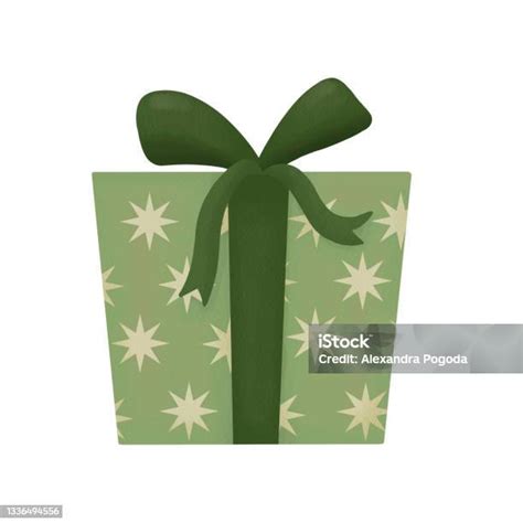 활이있는 녹색 선물 상자 디지털 수채화 일러스트레이션 손 은 새해 클립 아트를 그립니다 Xmas 장식 휴일과 축하 생일 축하해요
