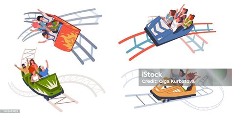 사람들은 롤러코스터를 탄다 극한의 철도 명소 놀이공원 방문객들은 트레일러에서 비명을 지르며 감정적인 경험을 합니다 러시아 산에 남자와 여자 만화 플랫 Nowaday 벡터