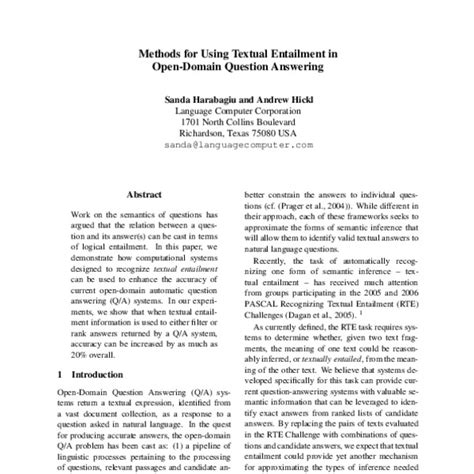 Methods For Using Textual Entailment In Open Domain Question Answering Acl Anthology