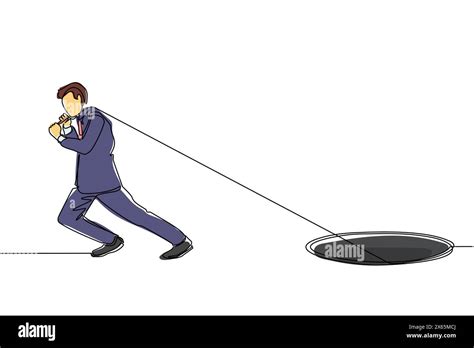 Single Continuous Line Drawing Businessman Trying Hard Pulling Rope To Drag Something From Hole