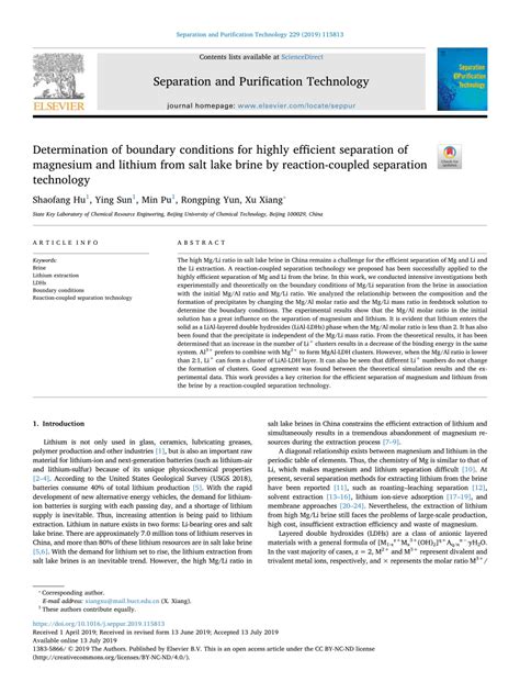 Pdf Determination Of Boundary Conditions For Highly Efficient Separation Of Magnesium And