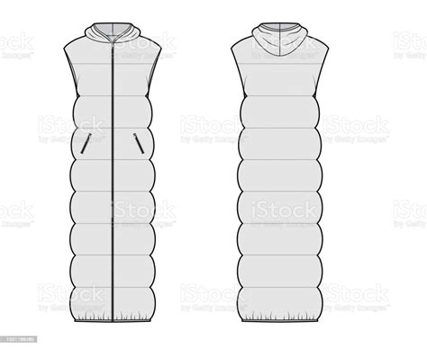 다운 베스트 퍼퍼 웨이스트코트 테크니컬 패션 일러스트와 민소매 후드 칼라 지퍼 업 클로저 맥시 길이 0명에 대한 스톡 벡터 아트 및 기타 이미지 Istock