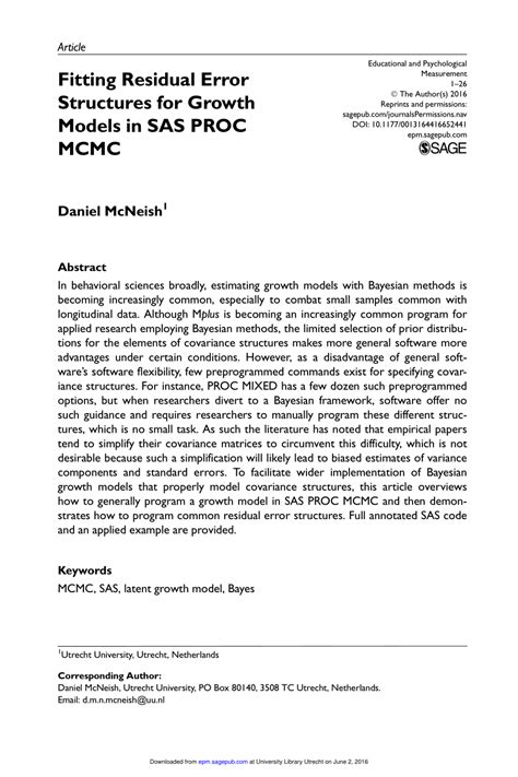 Pdf Fitting Residual Error Structures For Growth Models In Sas Proc Mcmc