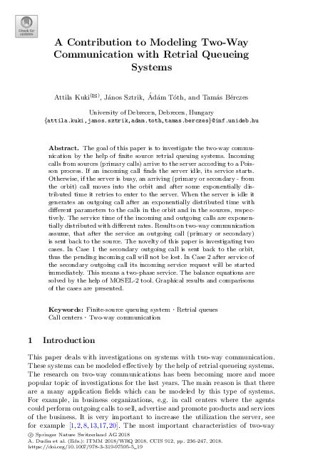 Pdf A Contribution To Modeling Two Way Communication With Retrial