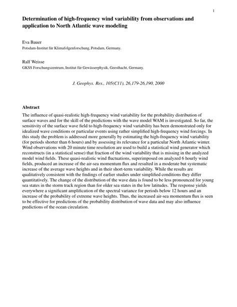 Pdf Determination Of High Frequency Wind Variability From Observations And Application To