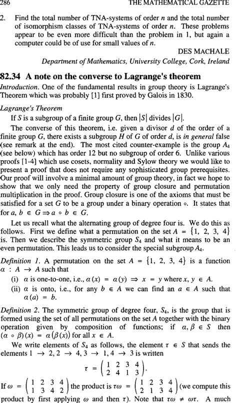 82 34 A Note On The Converse To Lagranges Theorem The Mathematical Gazette Cambridge Core