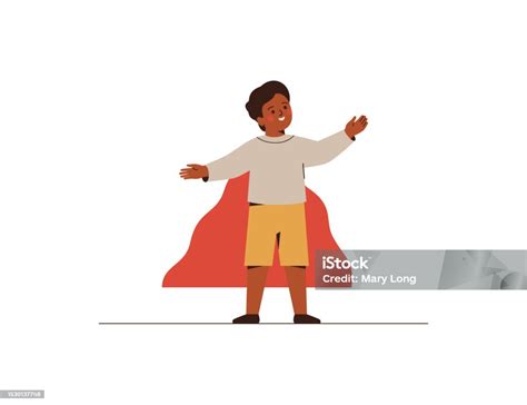 슈퍼 히어로 비행 망토를 입은 작은 소년 미취학 아동은 슈퍼맨 의상을 입고 두 팔을 벌리고 서 있다 아프리카계 미국인 학생 만화 옷을 입고 휴가 아이에 대한 스톡 벡터 아트