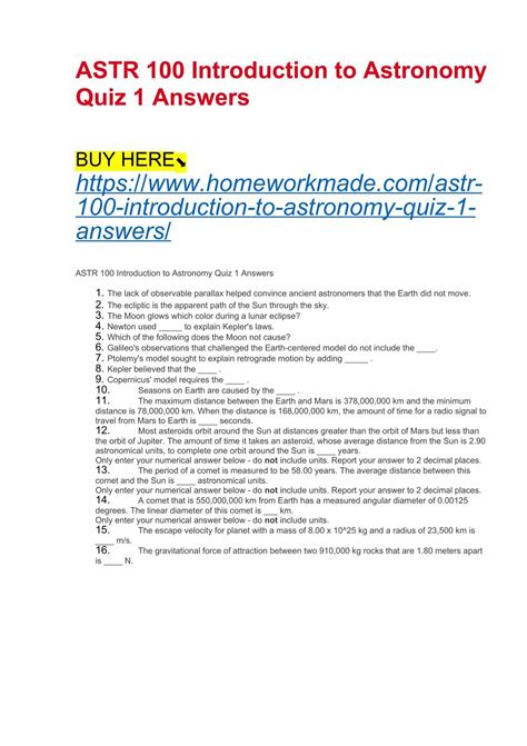 Astr 100 Introduction To Astronomy Quiz 1 Answers