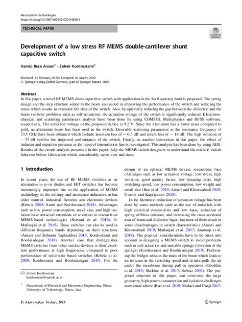 Pdf Development Of A Low Stress Rf Mems Double Cantilever Shunt Capacitive Switch Zoheir