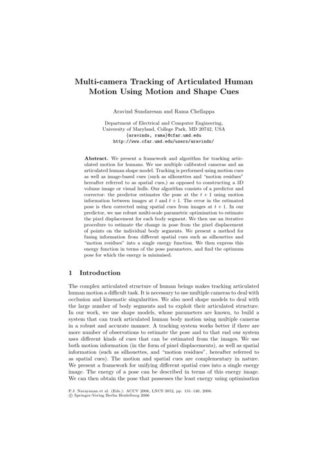 Pdf Multi Camera Tracking Of Articulated Human Motion Using Motion And Shape Cues