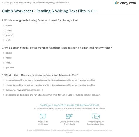 Quiz And Worksheet Reading And Writing Text Files In C