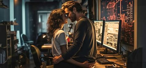 Premium Photo A Man And A Woman Programmers Kissing In Front Of A