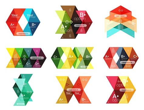 다채로운 기하학적 모양의 터 컬렉션 인포그래픽 배너 작업 흐름 레이아웃 다이어그램 숫자 옵션 또는 웹 디자인을위한 배경 프리미엄 벡터