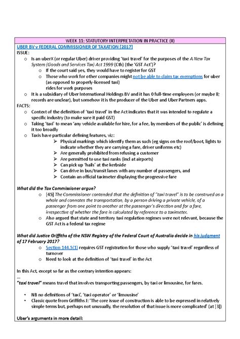 Week 11 Lecture Notes Week 11 Statutory Interpretation In Practice Ii Uber Bv V Federal