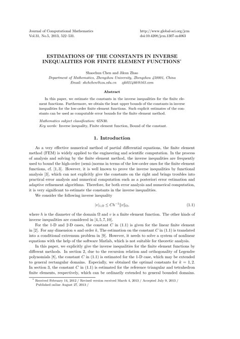 Global Science Press Estimations Of The Constants In Inverse Inequalities For Finite Element