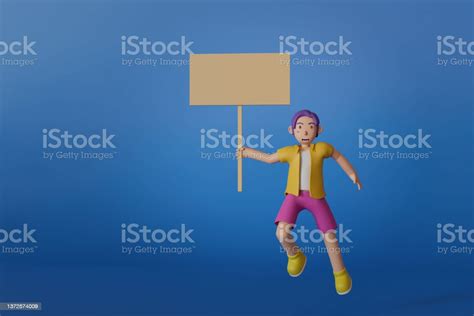 파란색 배경 3d 렌더링 일러스트에 빈 광고판을 들고 노란색 셔츠를 입은 남자 3차원 형태에 대한 스톡 사진 및 기타 이미지 3차원 형태 T 셔츠 가격 Istock