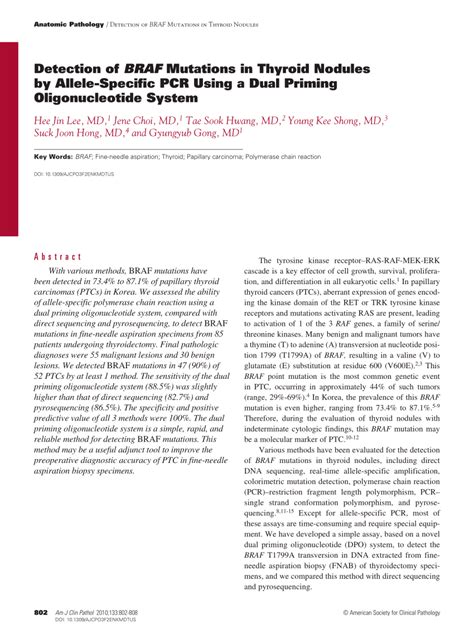 Pdf Detection Of Braf Mutations In Thyroid Nodules By Allele Specific